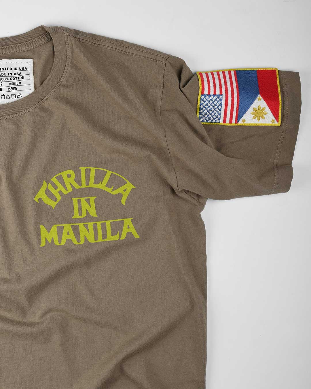 Thrilla In Manila Vintage Olive Tee - Roots of Fight Canada
